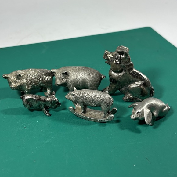 Art | Vintage Mini Lot Of 6 Pig Pigs Silver Tone Metal Pewter Marked ...